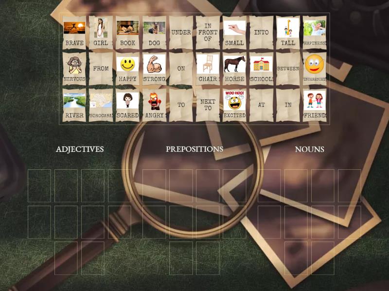 Adjective, Nouns, Preposition Sorting Game - Group sort