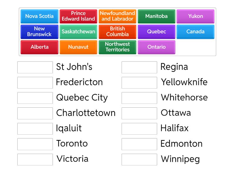 Canadian Provinces, Territories and Capitals - Match up