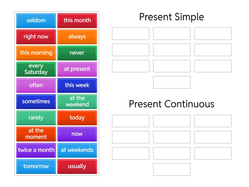 Time expressions Present Simple and Present Continuous - Group sort