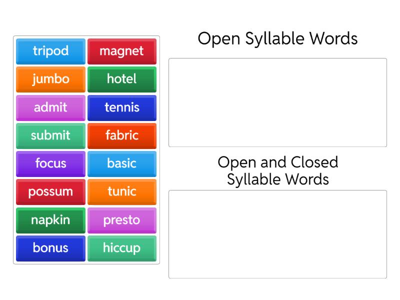 2 Syllable Words (Open and Closed Syllable Sort) - Group sort