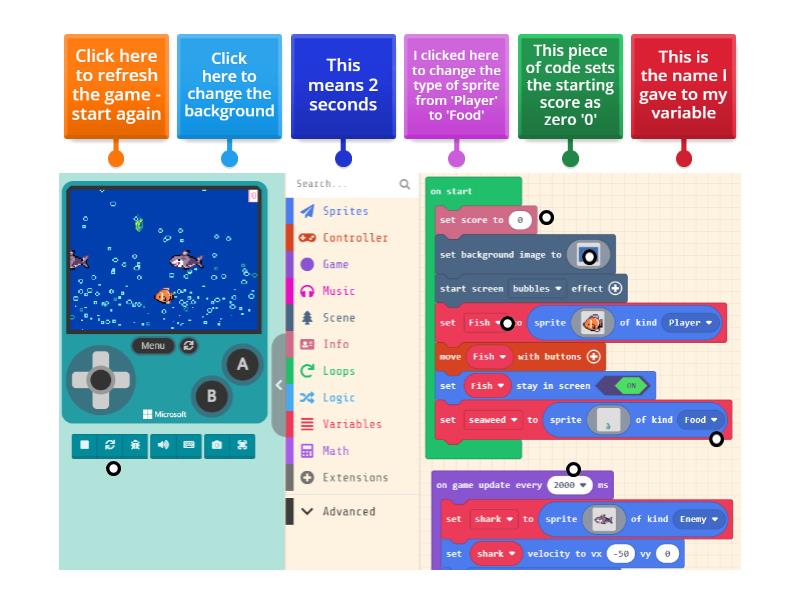Makecode Arcade Quiz 1 - Labelled diagram