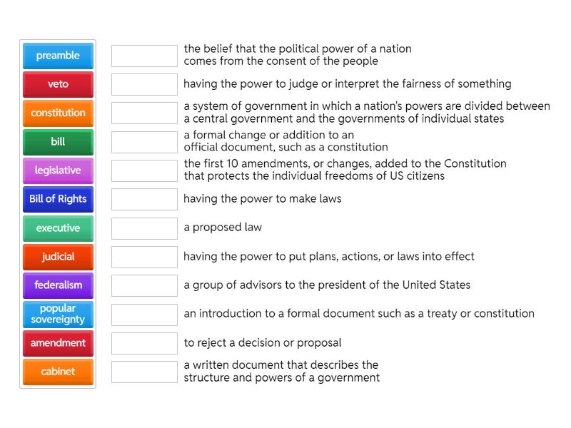 Constitution Vocabulary Words and Definitions Matching - Match up