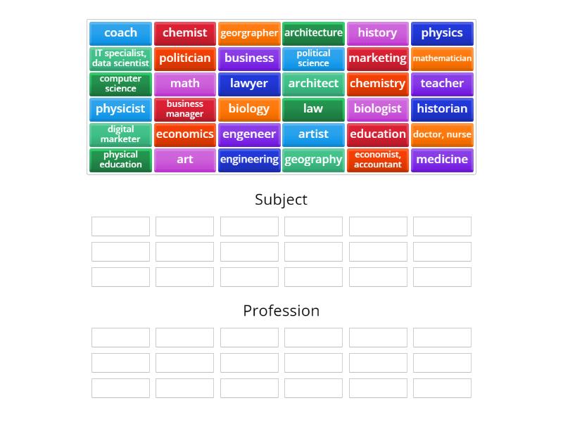 Class 3. My college. Subject + profession - Group sort