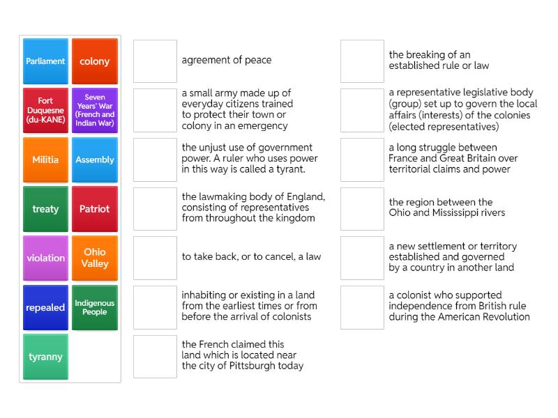 Colonial America Vocabulary - Match up