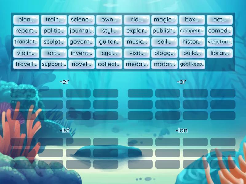 Noun suffixes -or -er -ist -ian -ee - Group sort