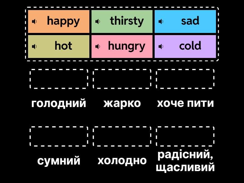 happy sad hungry thirsty hot cold - Match up