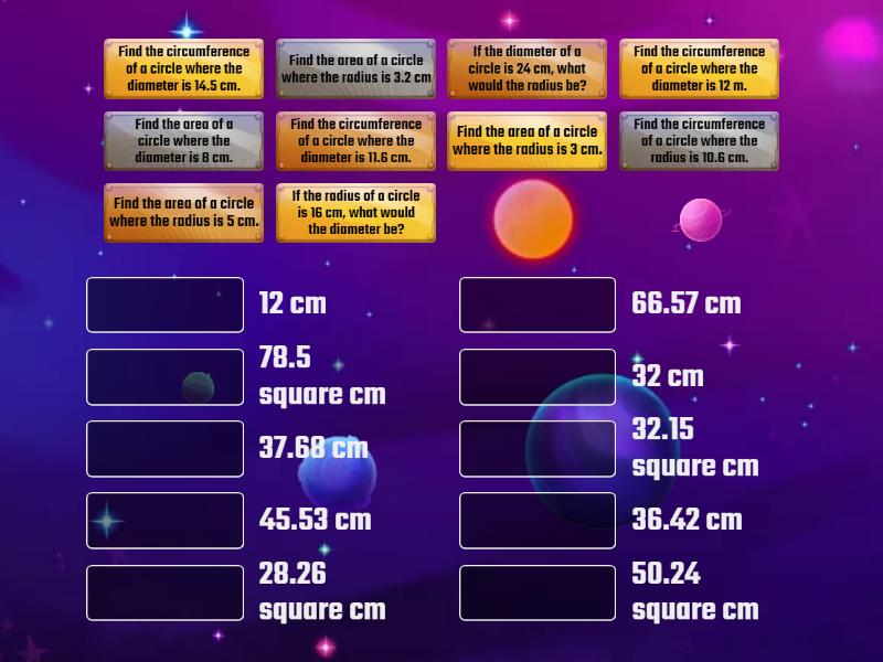 Area and circumference of a circle. - Match up