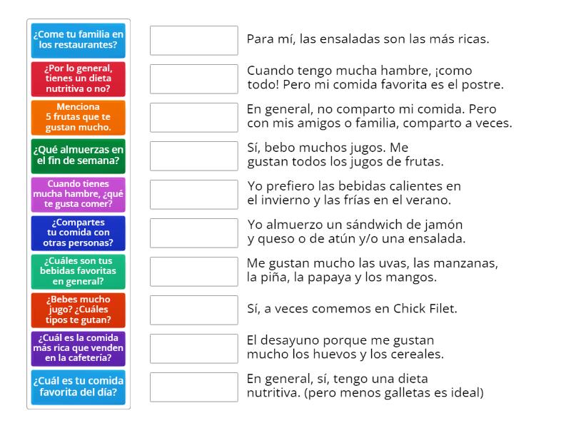 las comidas y las bebidas (match question and answer) - Match up