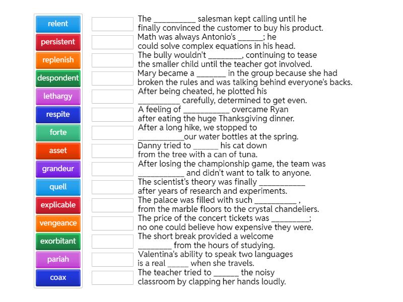 The Hunger Games Vocabulary List C Sentence Practice - Match up