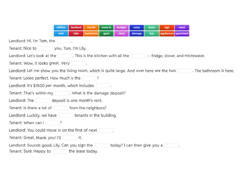 Renting an apartment: Gap fill - Complete the sentence