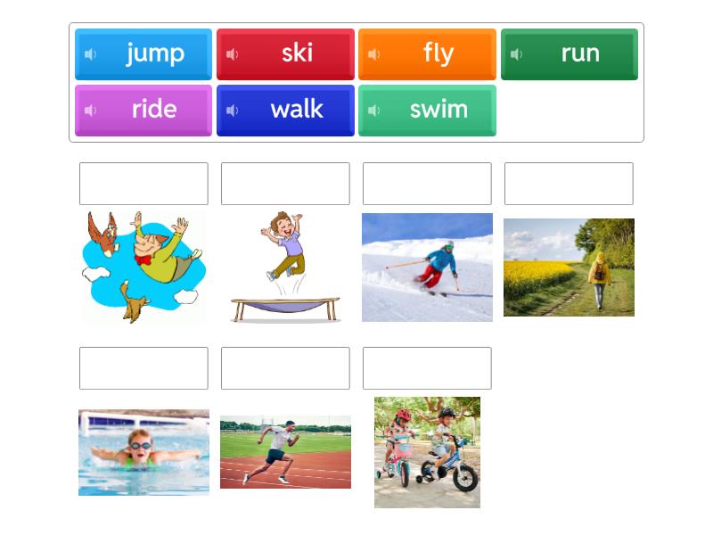 verbs: swim,ride,fly,ski,jump,run,walk - Match up