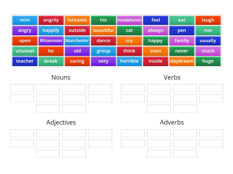 Nouns, Verbs, Adjectives and Adverbs Sort - Group sort
