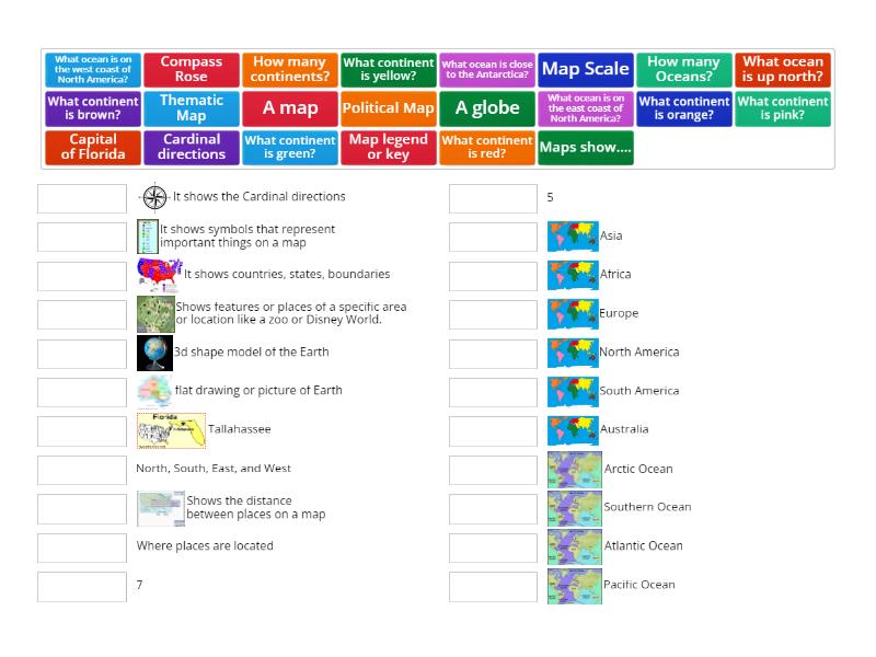 Maps and Globes/ Continents and Oceans Test Review - Match up