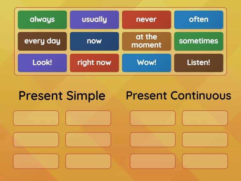 Short Present Simple vs Present Continuous - Signal Words - Group sort