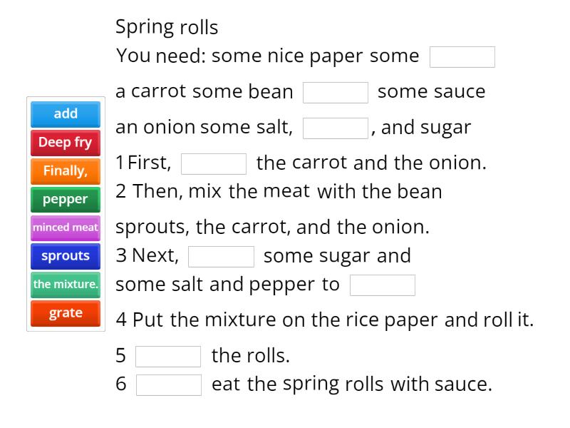 Lớp 5: Unit 3: How to make spring rolls - Complete the sentence