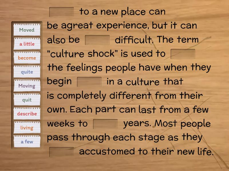 BK 19 - LESSON 4 - VOCABULARY - CULTURE SHOCK - Complete the sentence