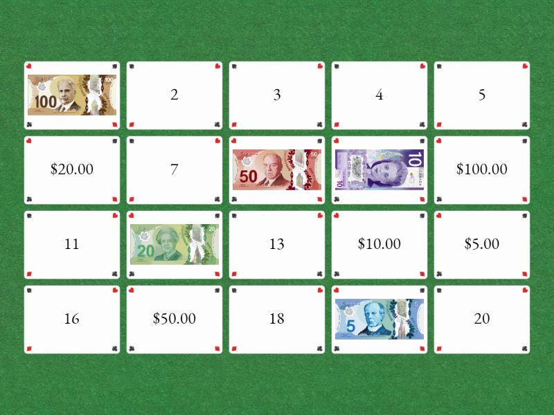 Money Match Up - Canadian Bills and Coins - Matching pairs