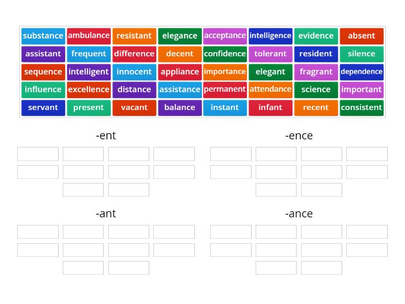 Suffixes -ent, -ence, -ant,-ance - Group sort