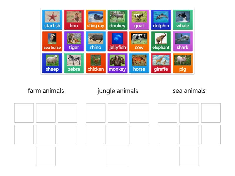 Animal sorting (farm,jungle,sea) - Group sort