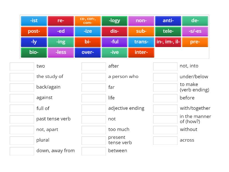 Prefixes and Suffixes - Match up