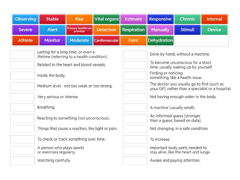 Vital Signs vocabulary - Une las parejas