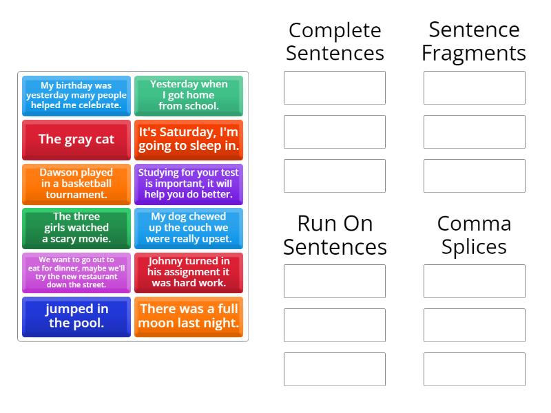 Sentences, fragments, run-ons and comma splices - Group sort