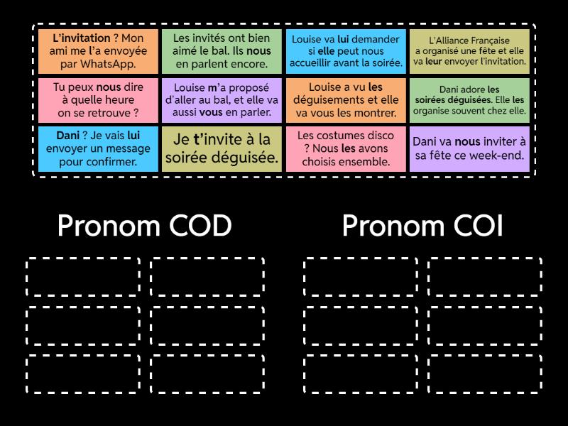 Les pronoms personnels COD et COI - Ordenar por grupo