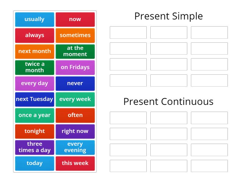 Present Simple vs Present Continuous - określenia czasu - Group sort