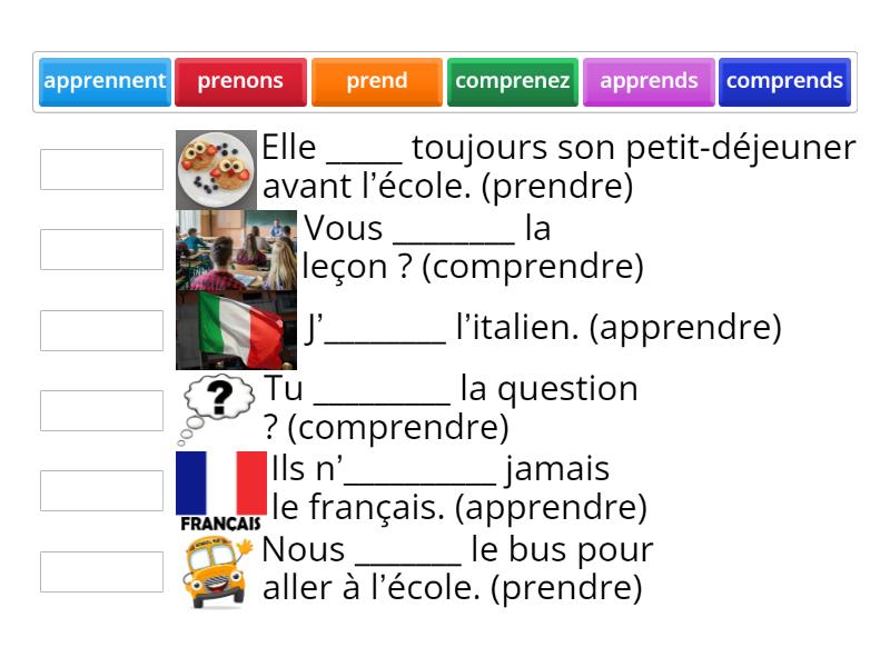 prendre, apprendre, comprendre - จับคู่