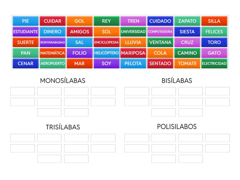 Agrupa las palabras Monosílabas, Bisílabas, Trisílabas, Polisílabas ...