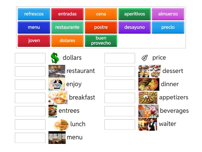 4th Grade Menu Project Vocabulary (parts of a restaurant) - Une las parejas