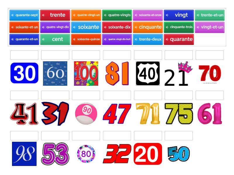French numbers 20 -100 with sound - Match up