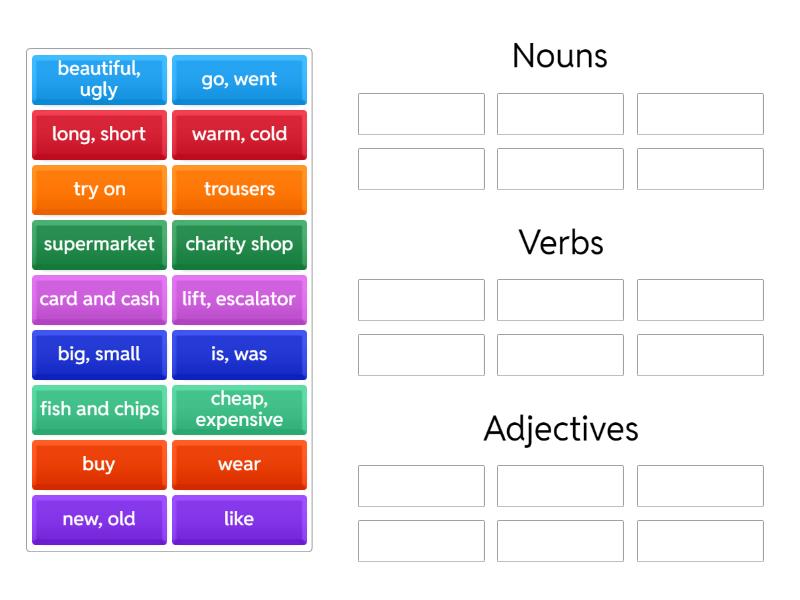 Nouns, verbs and adjectives (2 - shopping) - Group sort