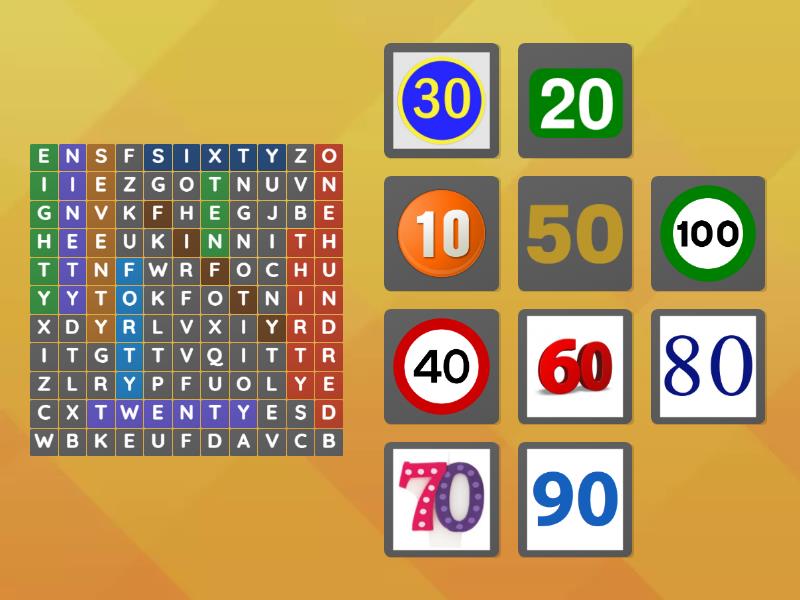 Numbers- tens: 10 to 100 - Wordsearch