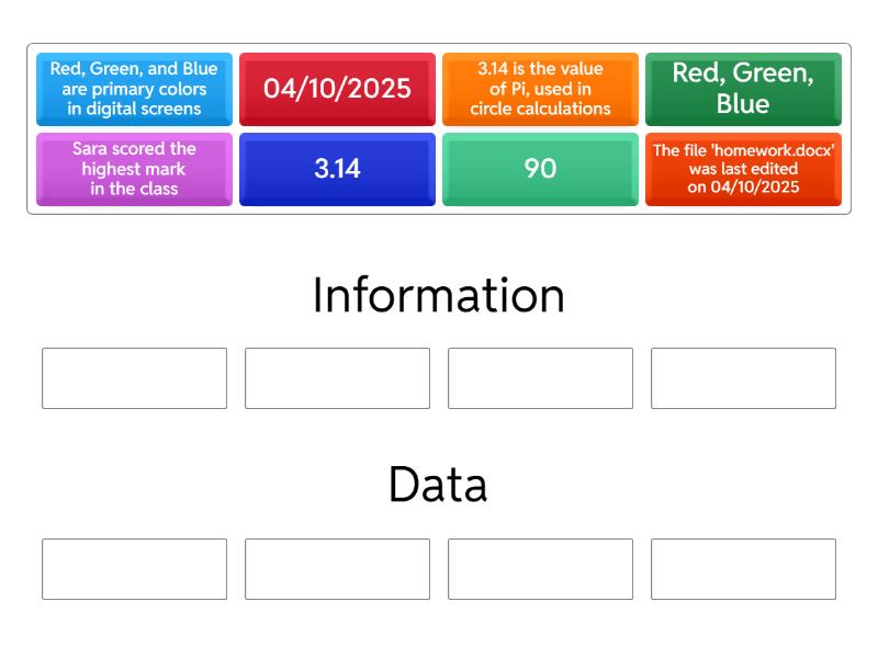 Drag and drop each item into the correct category: 'Data' or 'Information' - Group sort