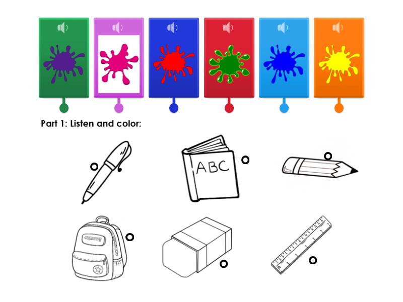 Listen and color the school things - Labelled diagram