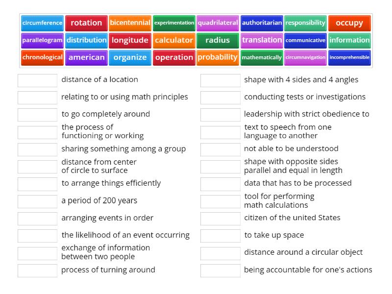 Multisyllabic Words with their Definitions - Match up