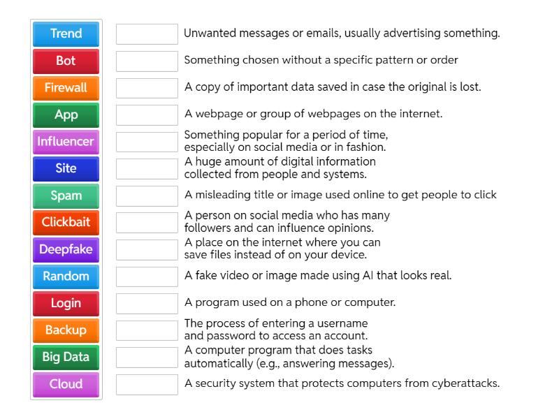 Match words and definitions - Match up