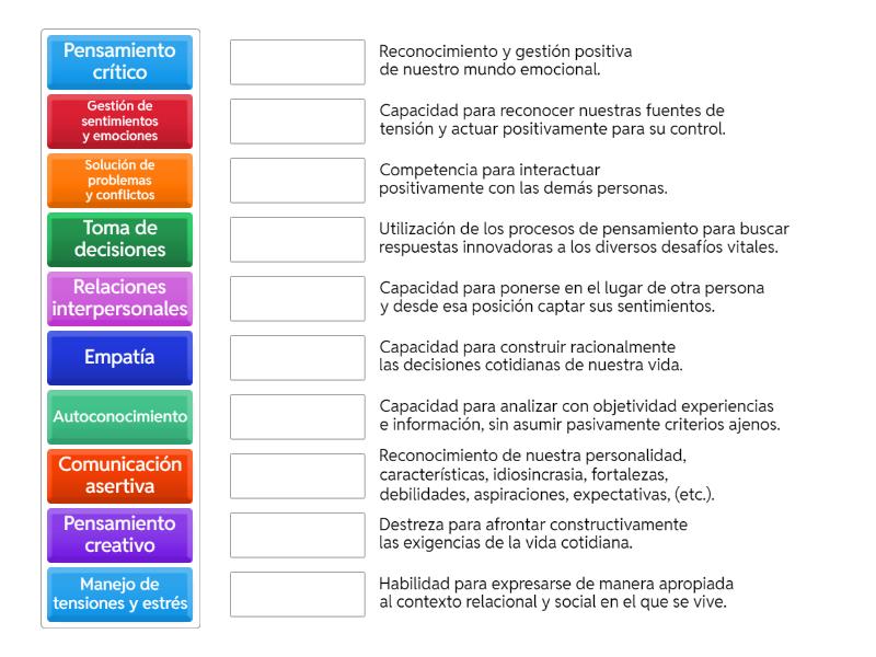 Las diez habilidades para la vida - Match up