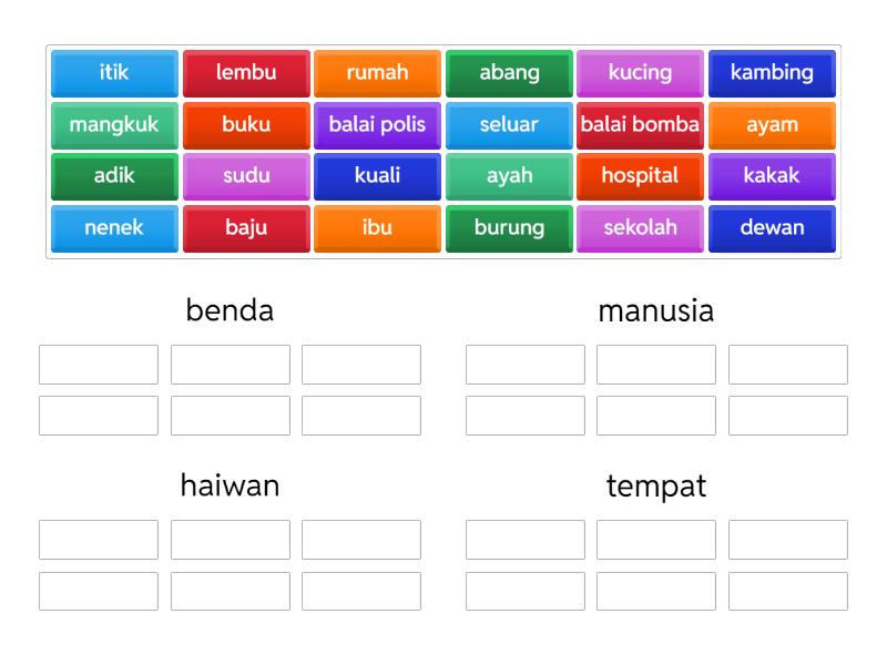 Padankan mengikut jenis kata nama am yang betul. - Group sort