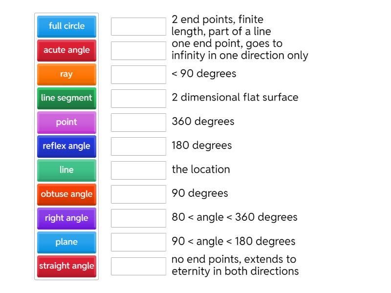 point, line, line segment, ray, plane, angles - Match up