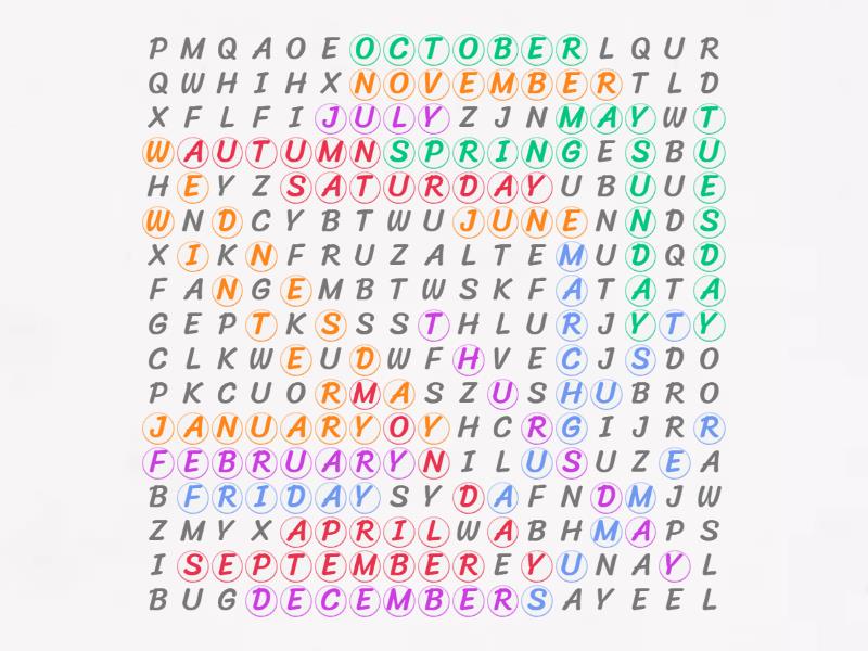 Seasons, Months & Days of the week - Wordsearch