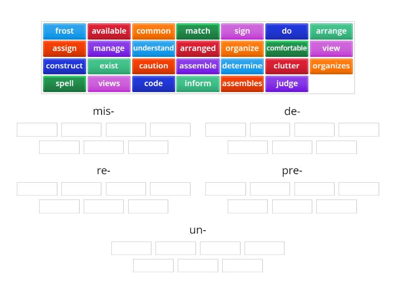 Prefix Study: re-, pre-, mis-, un-, de- - Group sort