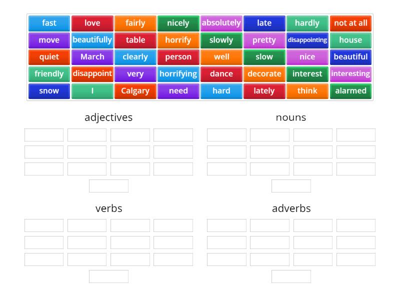 Noun, adjective, adverb and verb sorting - Group sort