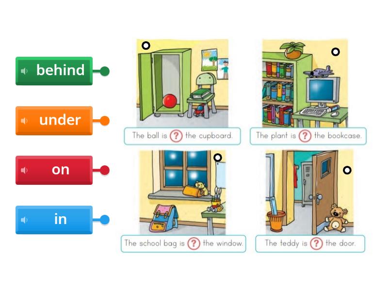 preposition of place: in on, under, behind - Labelled diagram