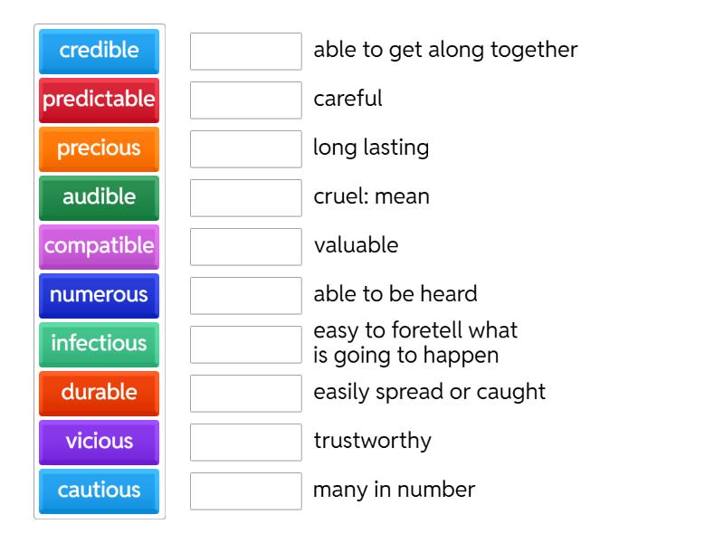 Word Work - Suffixes (-able, -ible, -ous) - Match up
