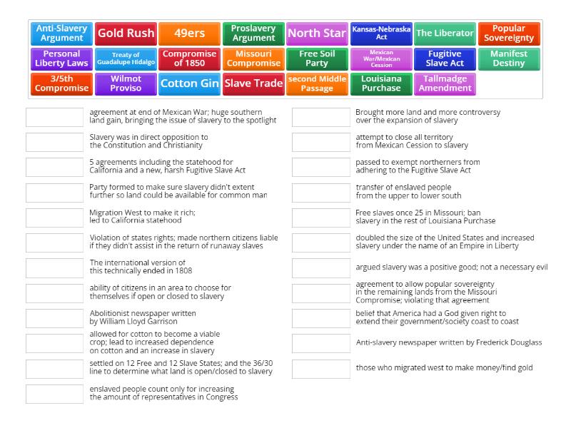 Sectionalism and Slavery - Match up
