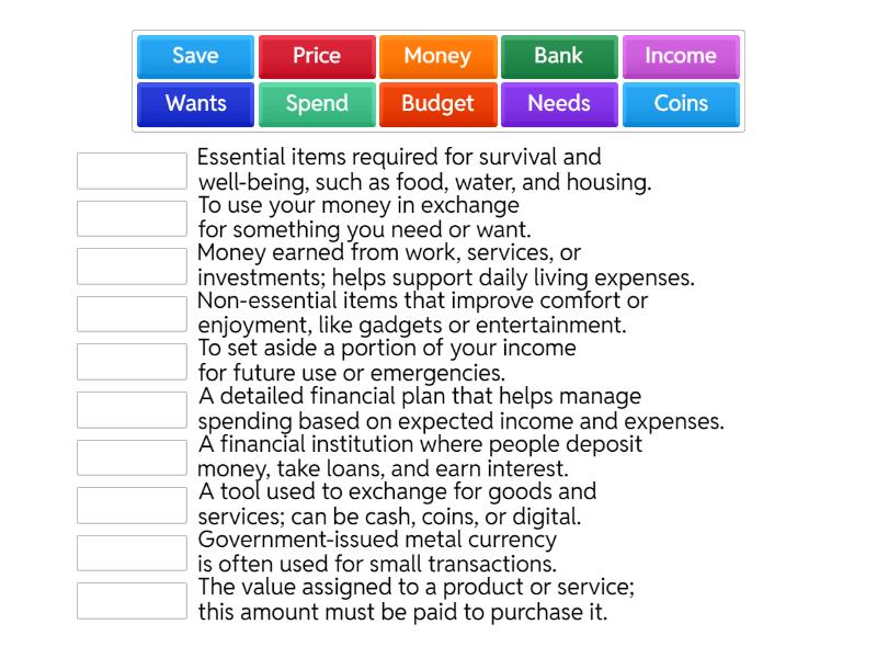 Grade 5 - Financial literacy terms and definitions - Match up