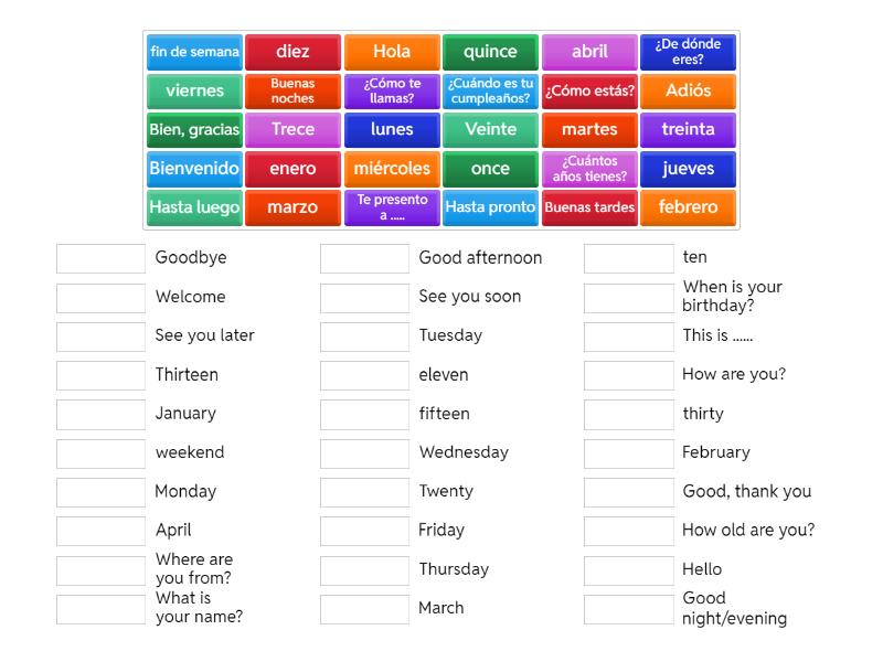 Spanish Basics: Greetings, Time, and Numbers - Match up