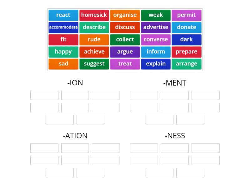 Word formation (Noun suffixes - ness, -ment, -ion, -ation) - Group sort